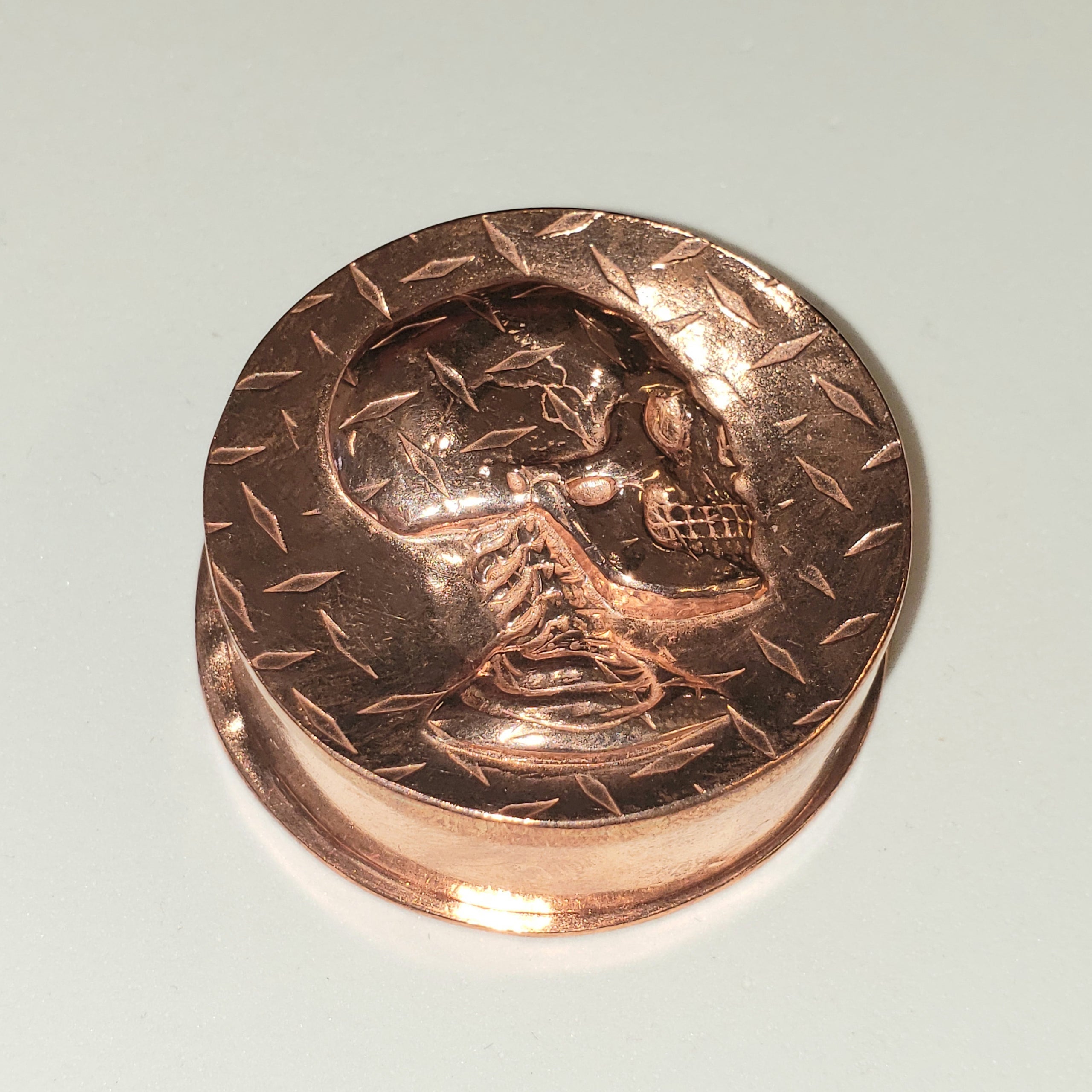 Copper pill box with skull and diamond plate | Angst and Attitude LLC